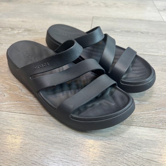 CROCS | Shoes | Crocs Brooklyn Low Wedge Black Triple Strap Slide ...